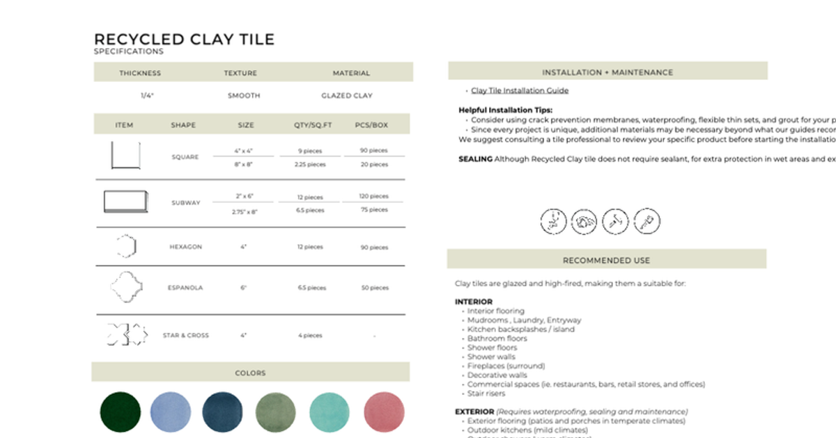 Recycled Clay Spec Sheet